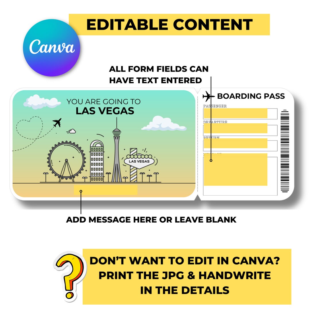 EDITABLE Las Vegas Surprise Gift Ticket, Canva Template Boarding Pass ...