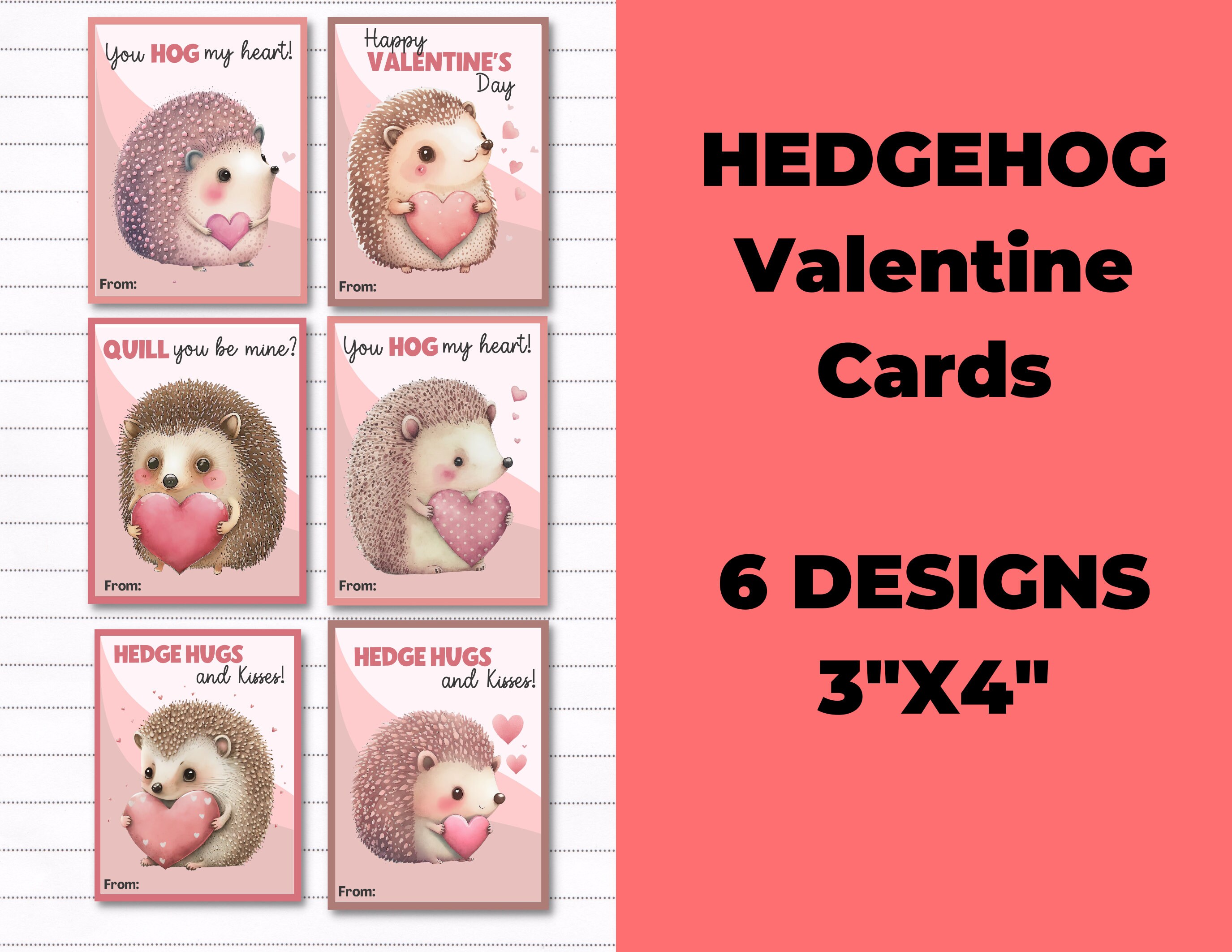Watercolor Hedgehog Valentines / Printable Valentine / - Etsy