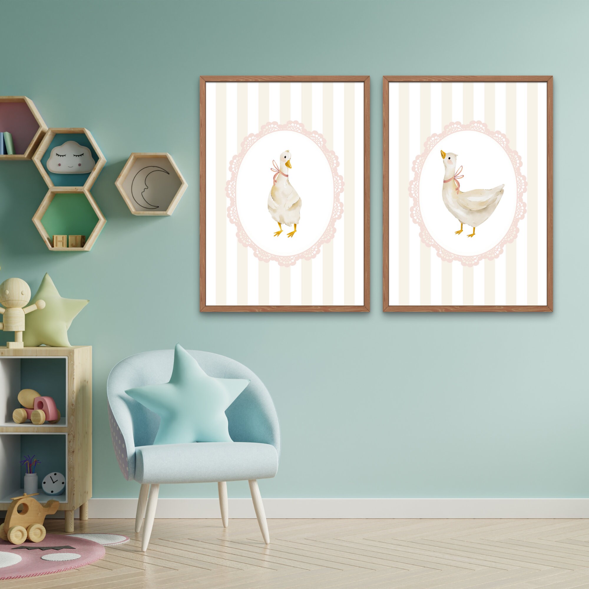 Duck Nursery Print Set, Blush Pink Nursery Decor, Pink Stripe Art, Duck ...
