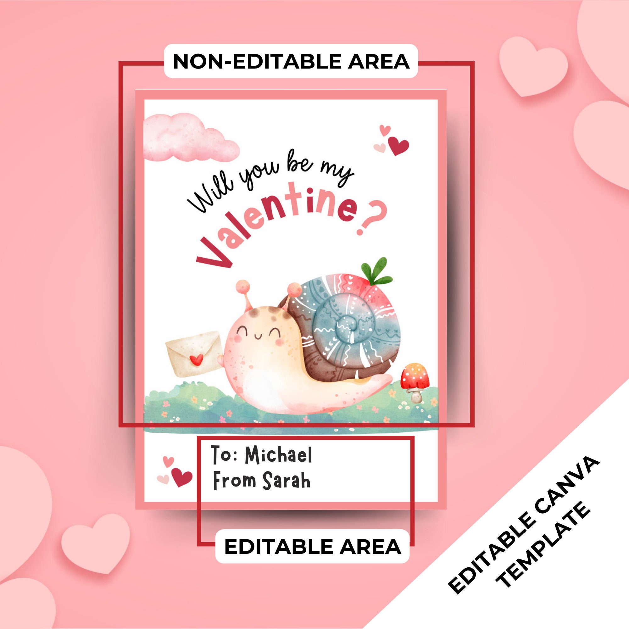 EDITABLE Snail Valentine Card, Mushroom Valentines, Printable Kids ...