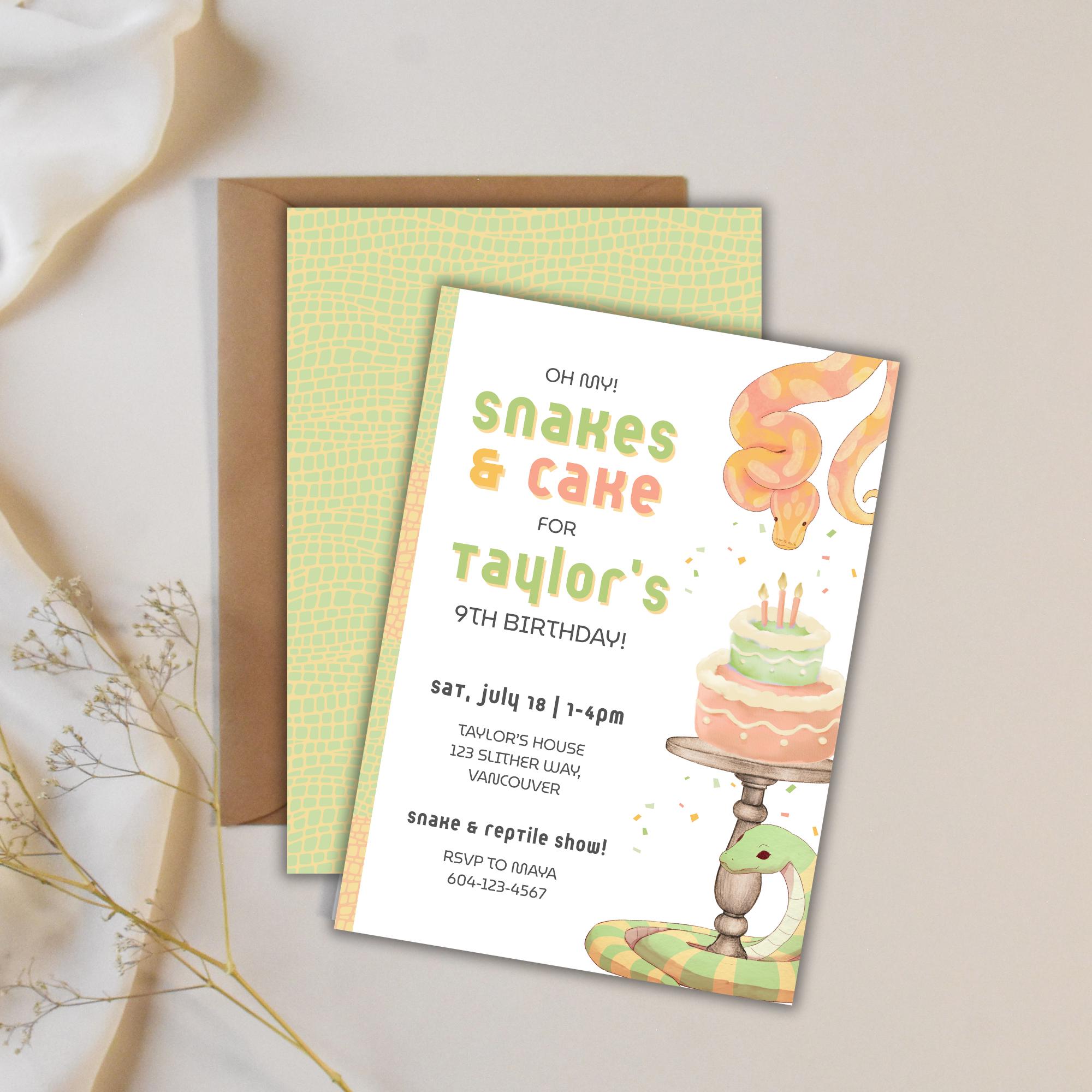 Snake Birthday Party Invite, Snakes and Cake Invite, Snake Party ...