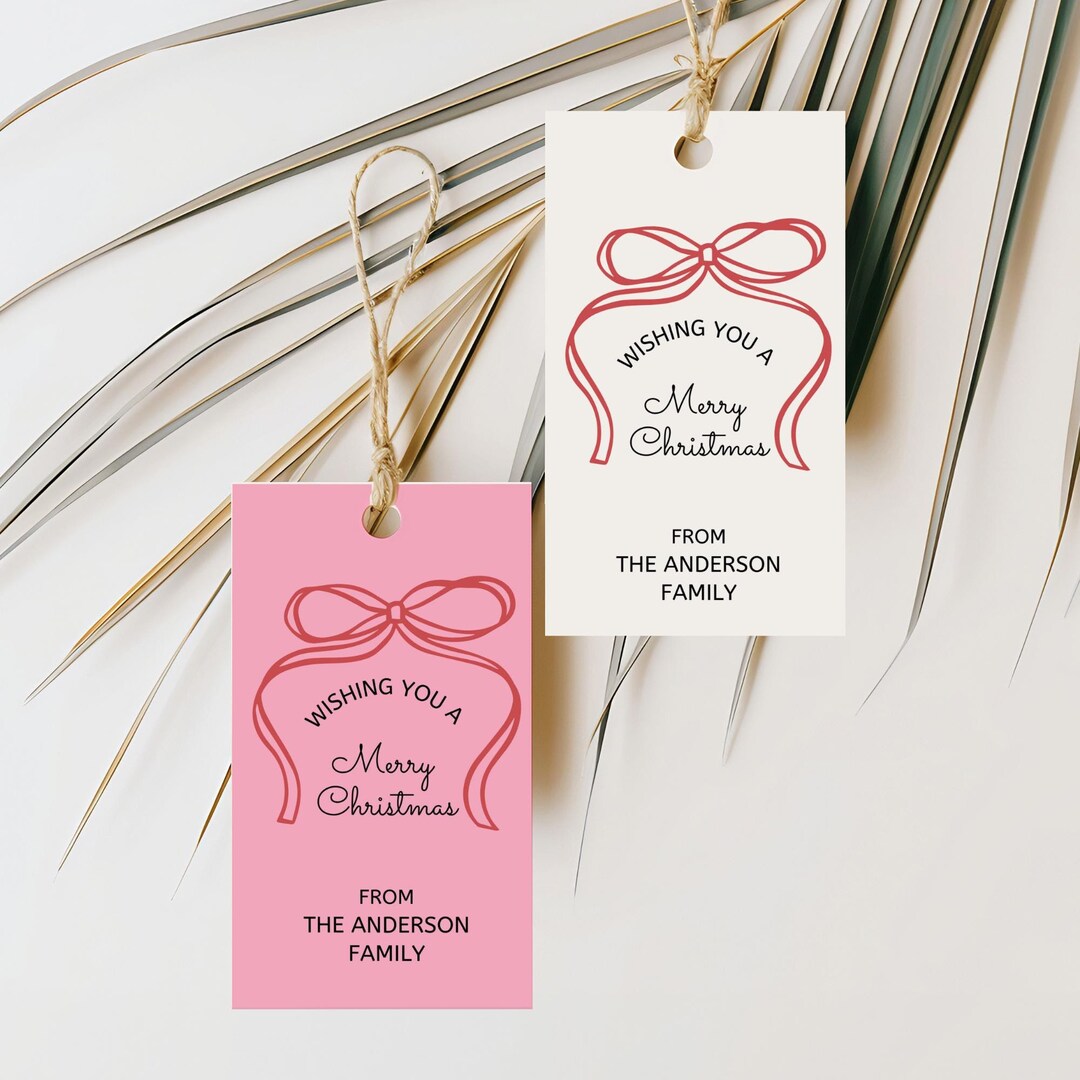 Printable Pink Red Bow Christmas Gift Tags, Whimsical Hand Drawn ...