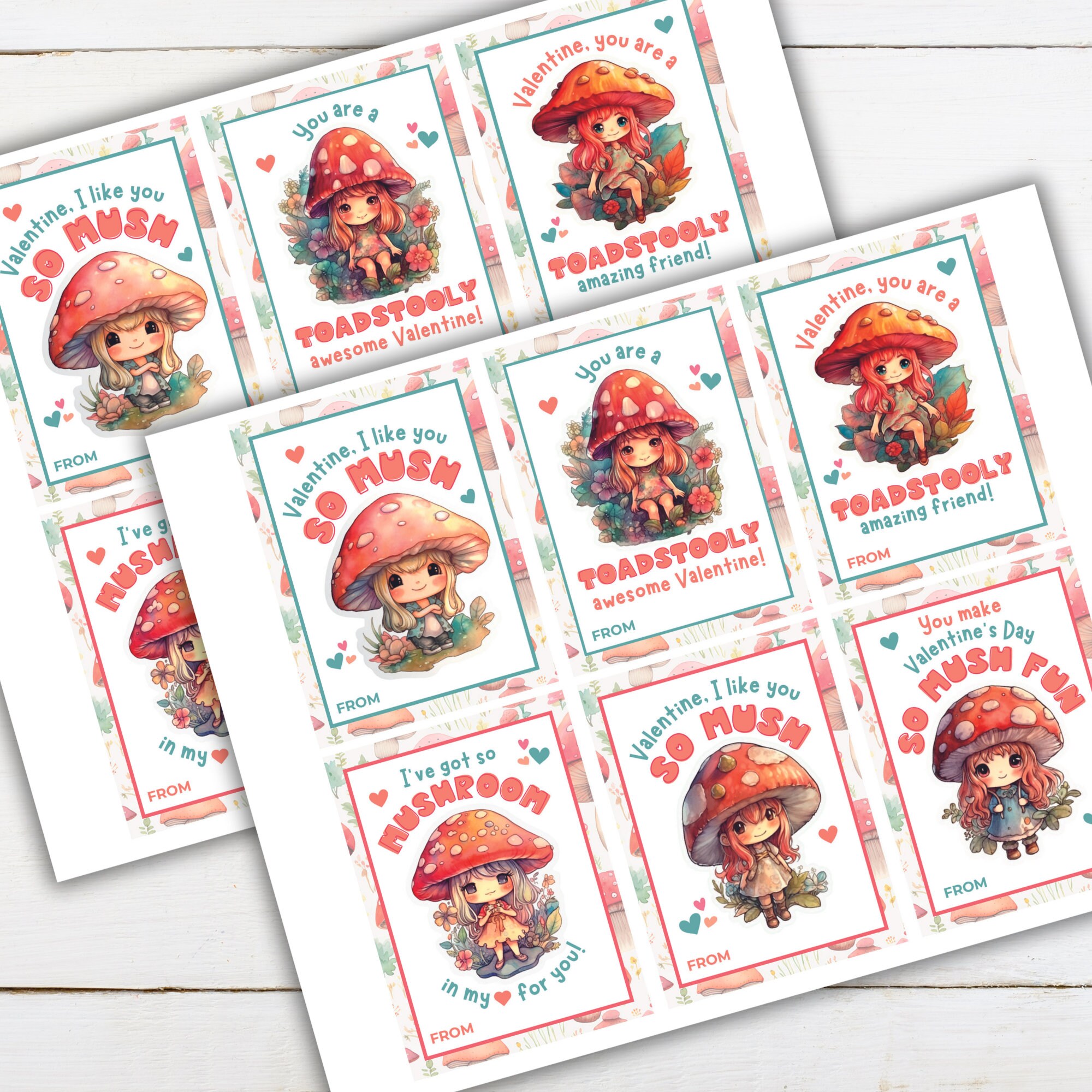 Printable Mushroom Valentine Cards, Kids Valentines, Mushroom Cards for ...