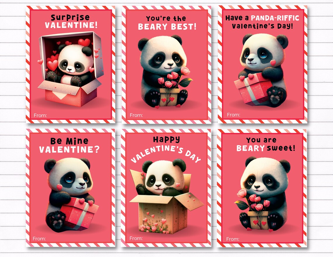 Panda Valentine Printable / Set of Valentine Cards / Printable ...