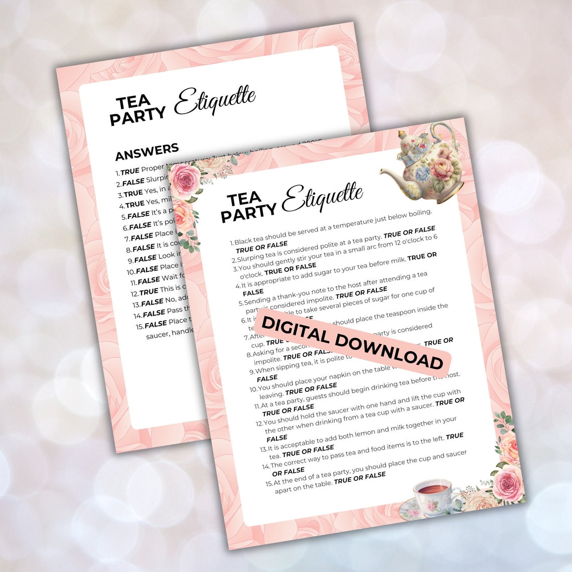 Tea Party Etiquette Game Printable, Tea Etiquette, Ladies Tea Party ...