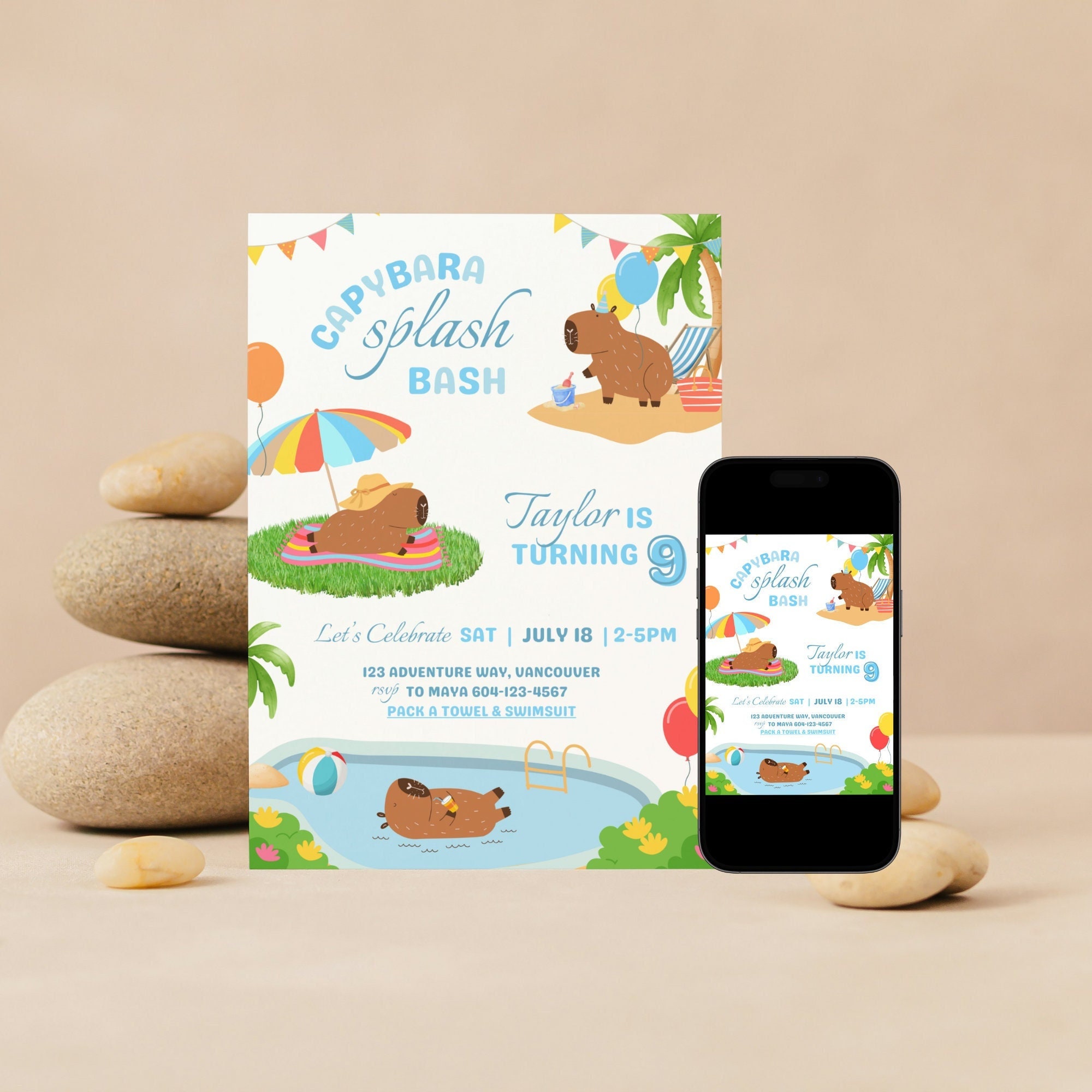 EDITABLE Capybara Splash Bash Birthday Invitation, Capybara Birthday Invite Template, Animal ...