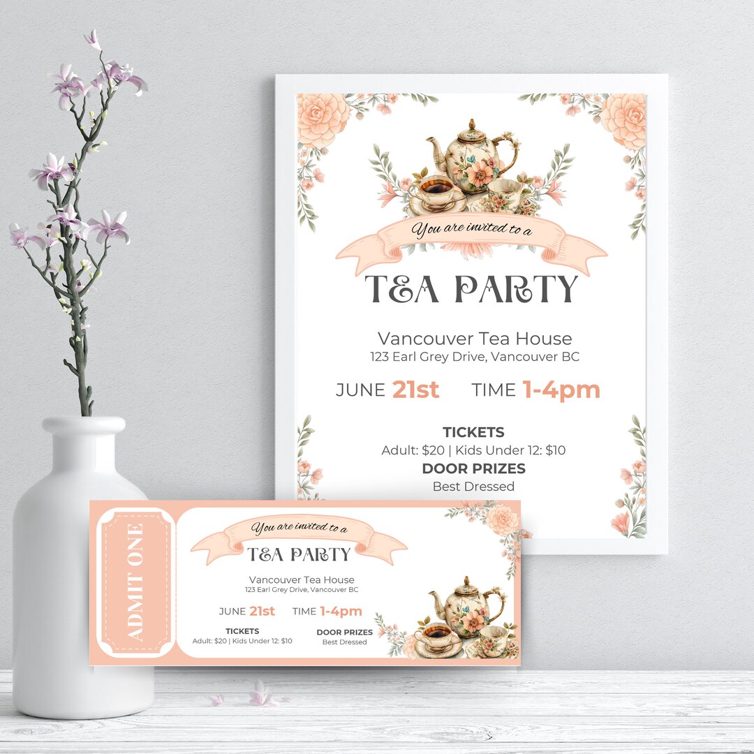 EDITABLE Tea Party Event Ticket, High Tea Party Template, Tea Party ...