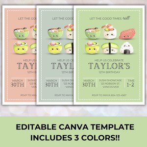 EDITABLE Sushi Birthday Invite, Japanese Party, Wasabi,kawaii Sushi ...