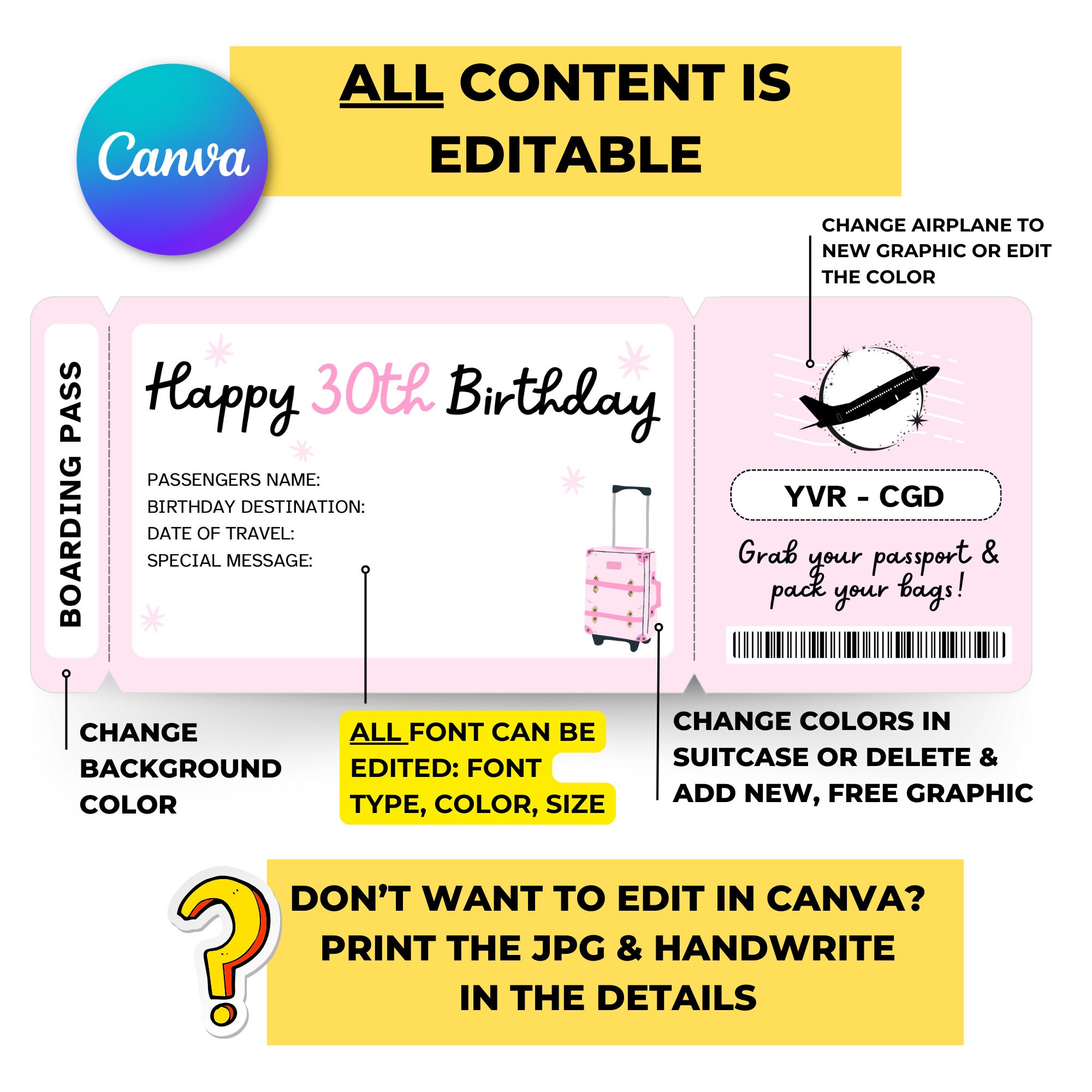 EDITABLE Boarding Pass Template, Boarding Pass Canva Template, Travel ...
