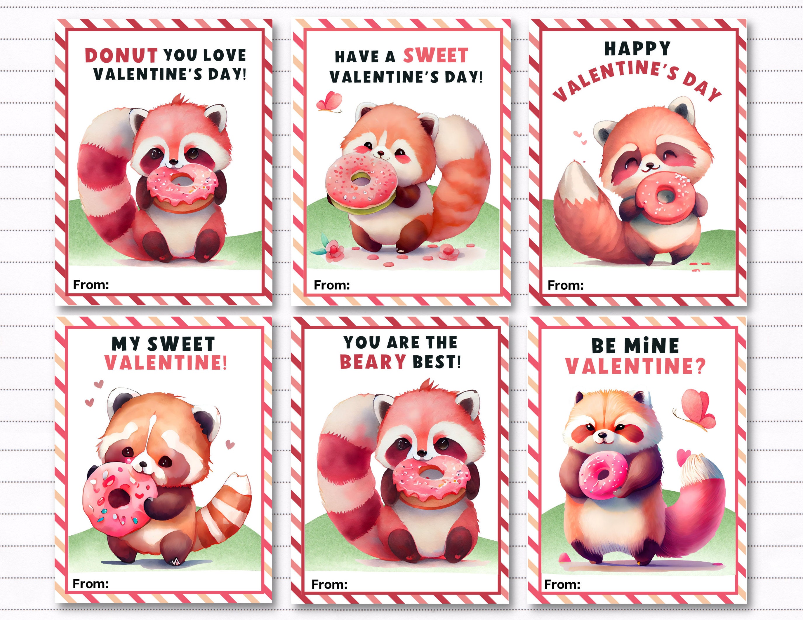 Red Panda Valentine Printable / Panda Valentine Cards / Donut ...