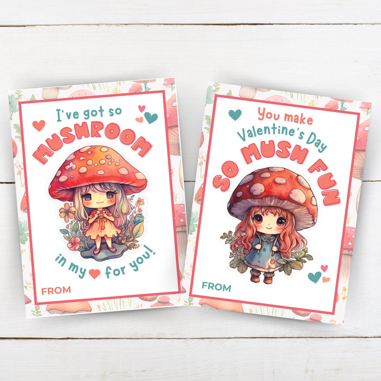 Printable Mushroom Valentine Cards, Kids Valentines, Mushroom Cards for ...