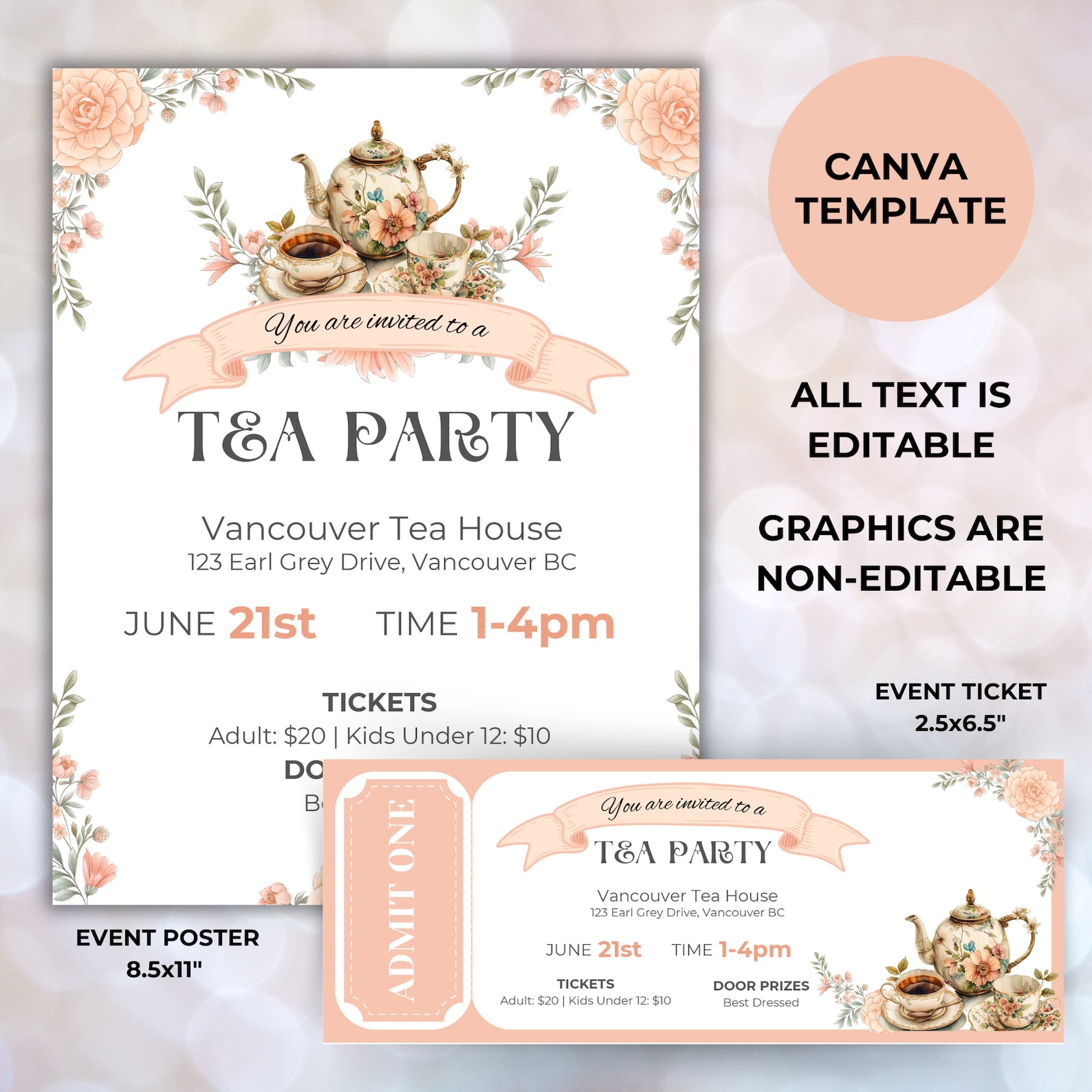EDITABLE Tea Party Event Ticket, High Tea Party Template, Tea Party ...
