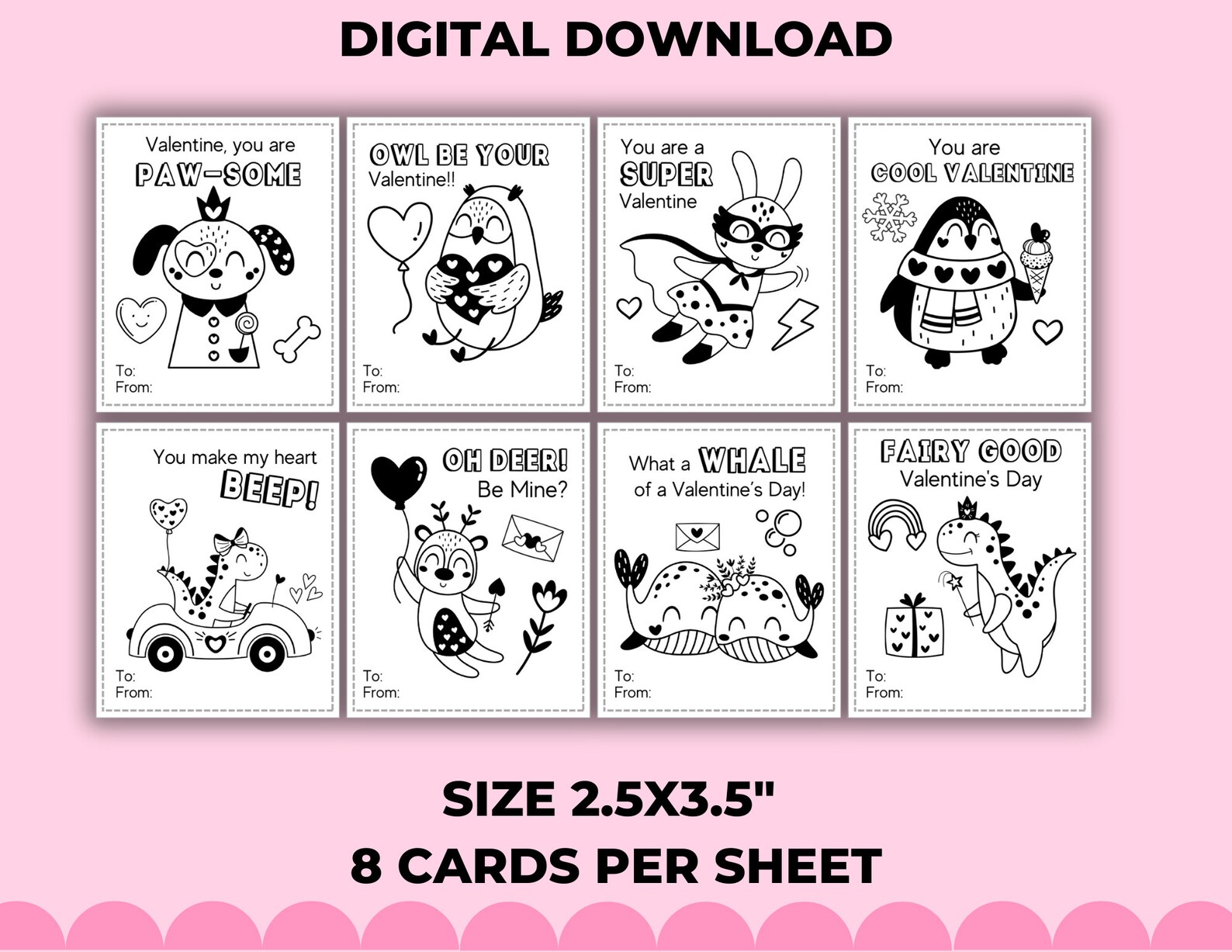 Valentine Coloring Cards, Classroom Valentine Cards, Kid Valentine Card ...