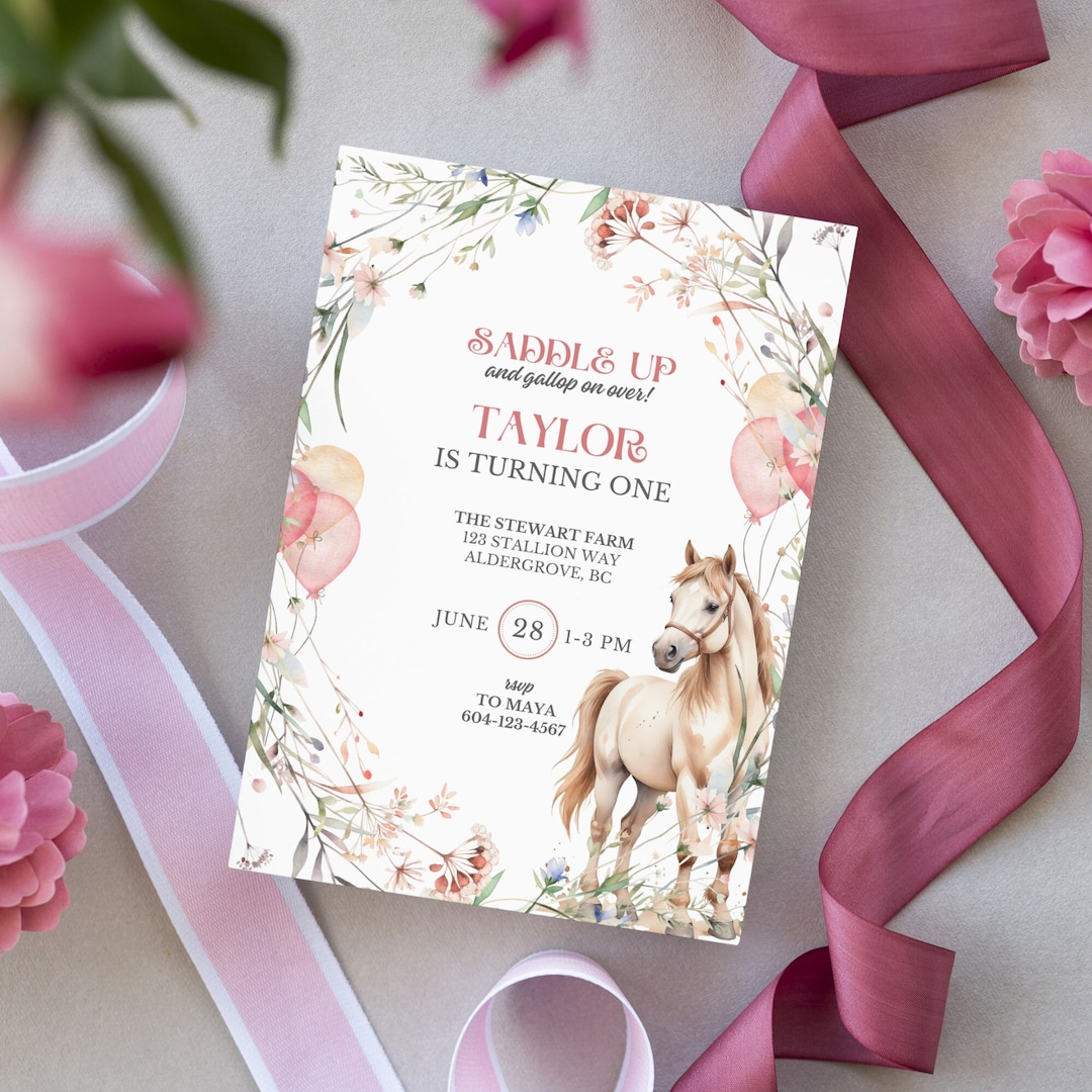 EDITABLE Floral Horse Birthday Invitation Template, Girl Saddle up ...