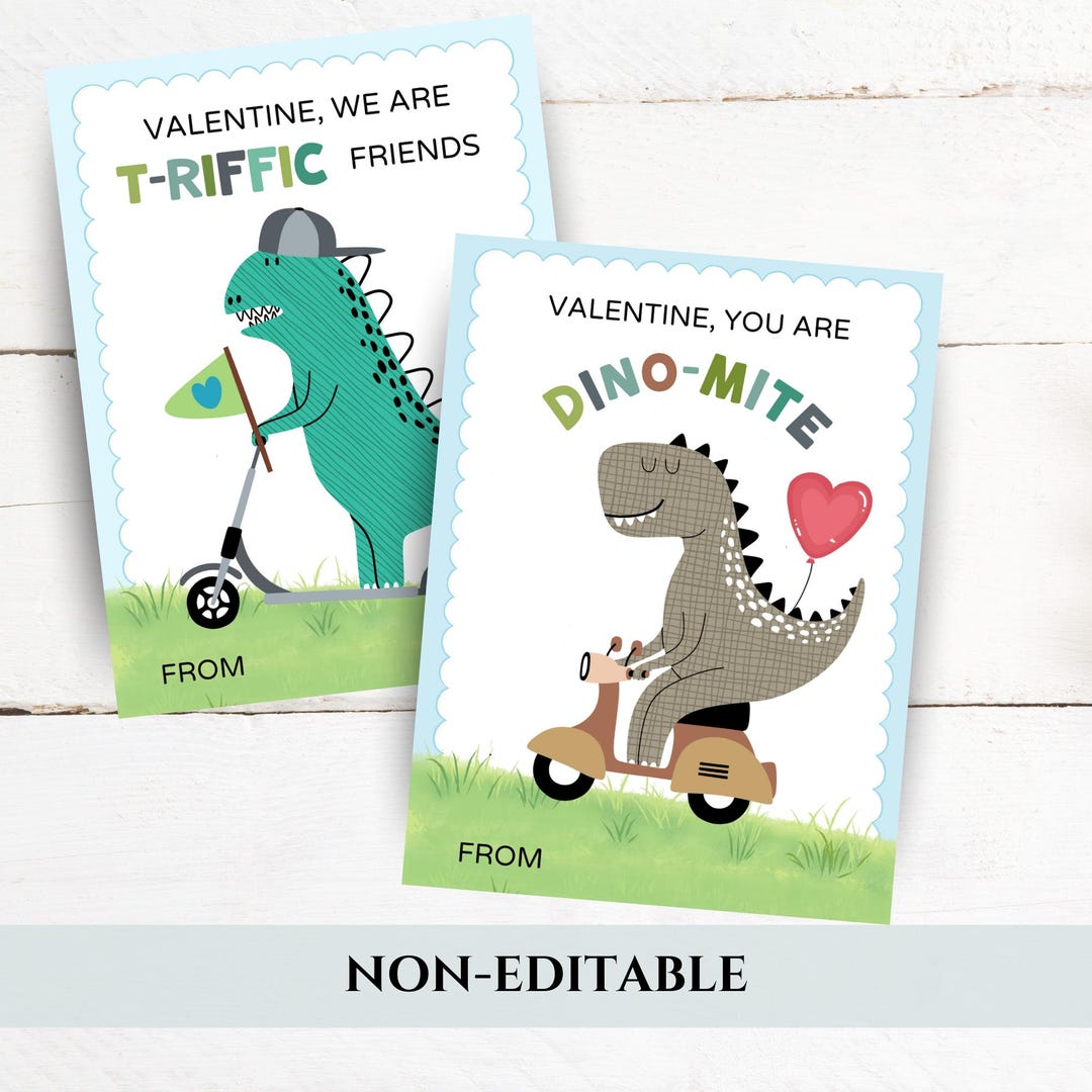 Printable Dinosaur Valentine Cards, Cute Dino Valentine's Day Card Kids ...