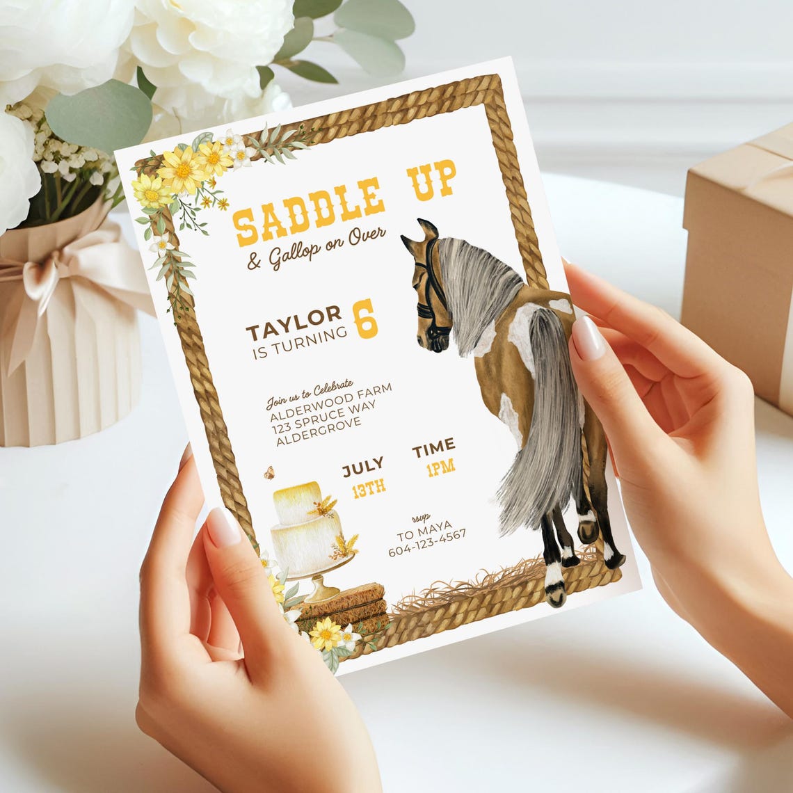 Floral Horse Birthday Invitation Template, Girl Saddle up Invite ...