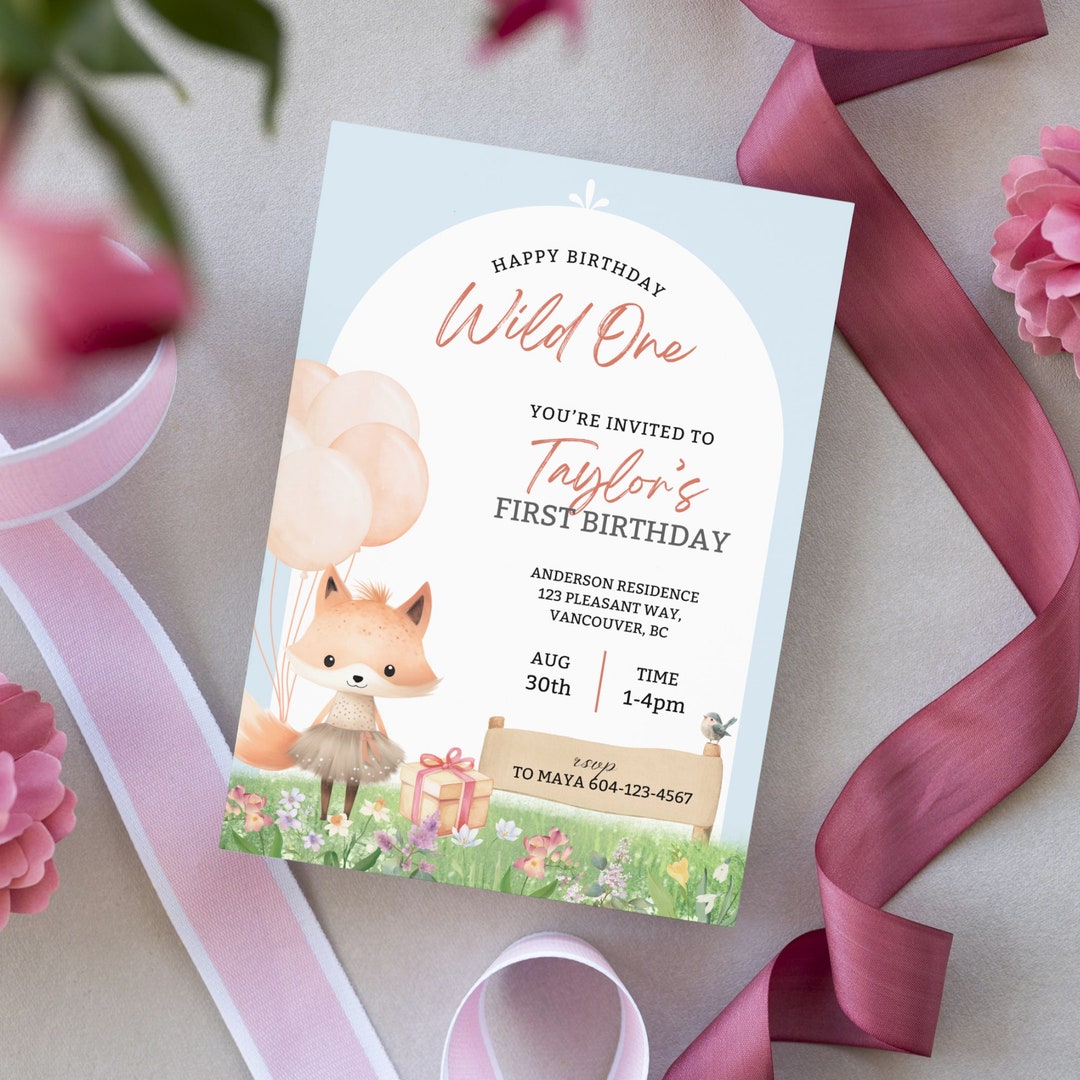 EDITABLE Happy Fox Birthday Invitation Template, Girl Fox, Forest ...