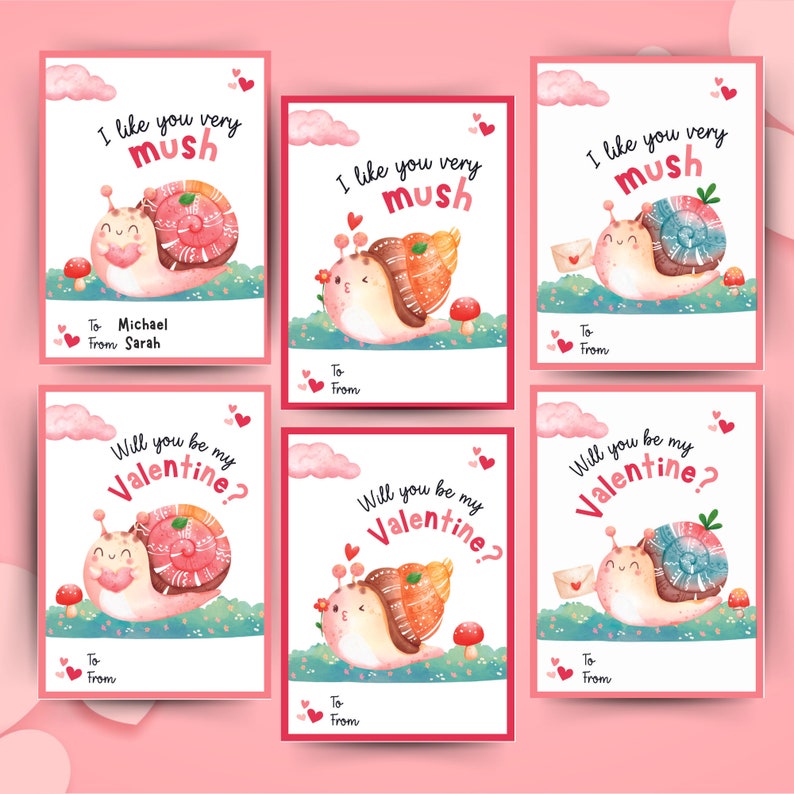 EDITABLE Snail Valentine Card, Mushroom Valentines, Printable Kids ...