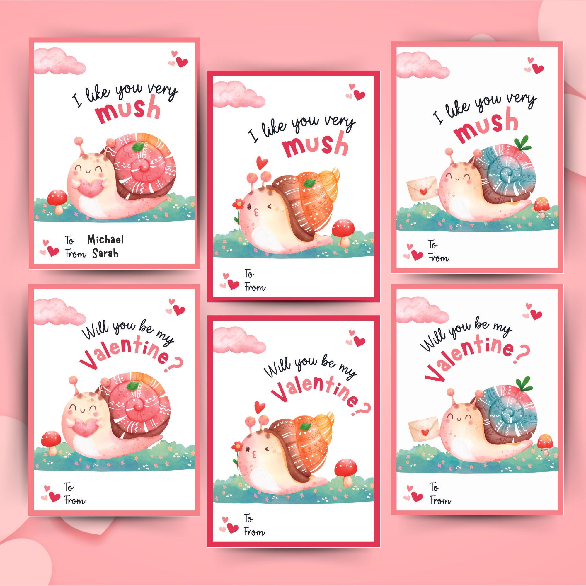 EDITABLE Snail Valentine Card, Mushroom Valentines, Printable Kids ...
