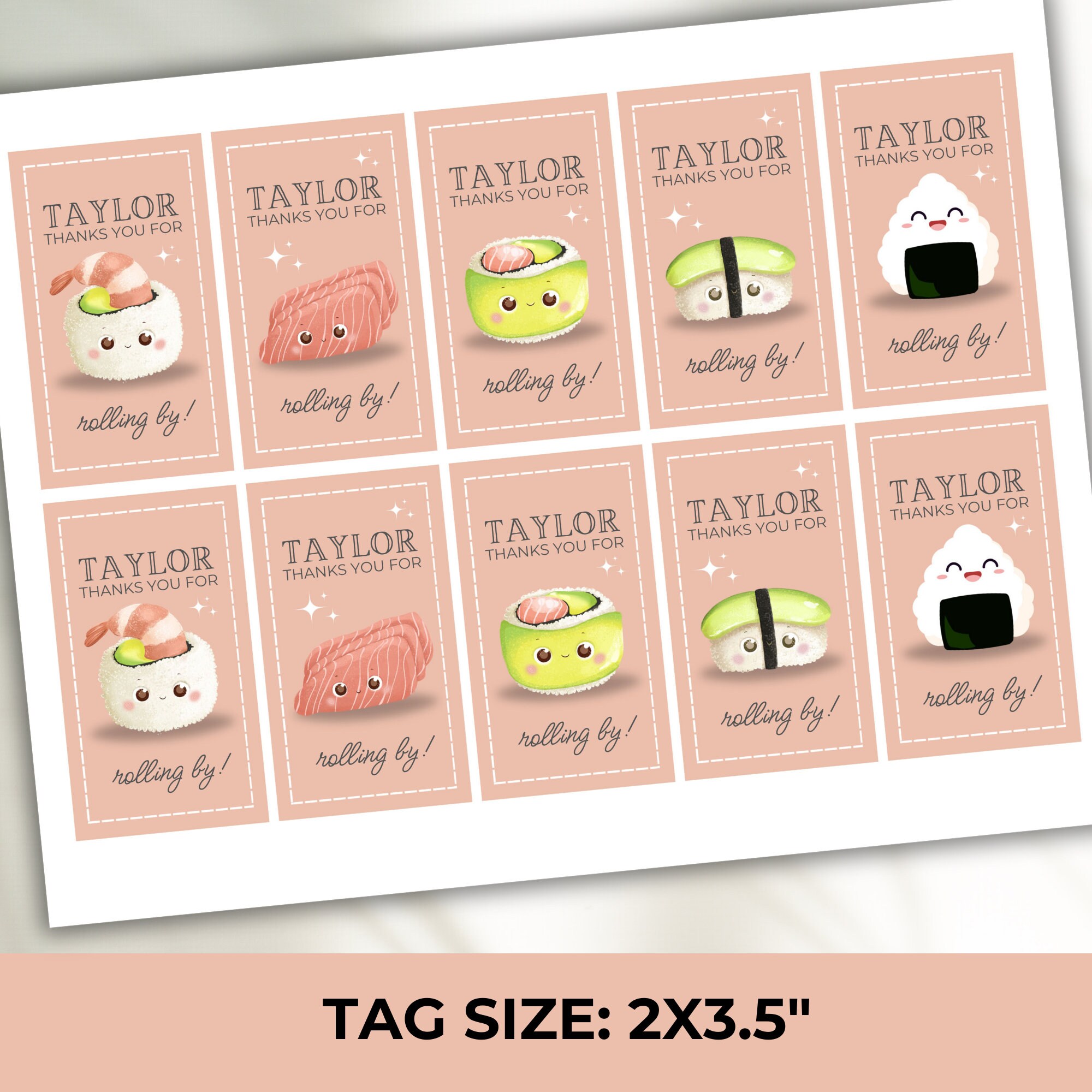 EDITABLE Sushi Thank You Tag Set, Sushi Party Favor, Wasabi, Pink ...