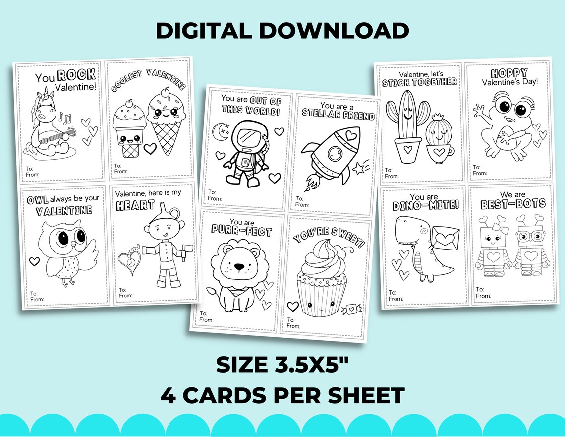 Valentine Coloring Cards / Classroom Valentine Cards / Kid - Etsy