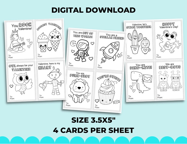 Valentine Coloring Cards / Classroom Valentine Cards / Kid - Etsy