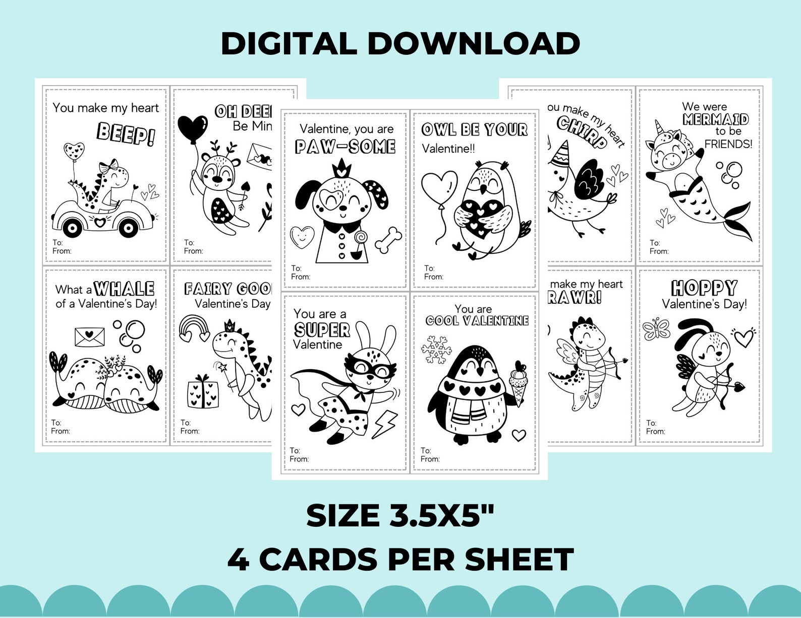 Valentine Coloring Cards, Classroom Valentine Cards, Kid Valentine Card ...