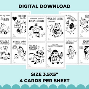 Valentine Coloring Cards, Classroom Valentine Cards, Kid Valentine Card ...