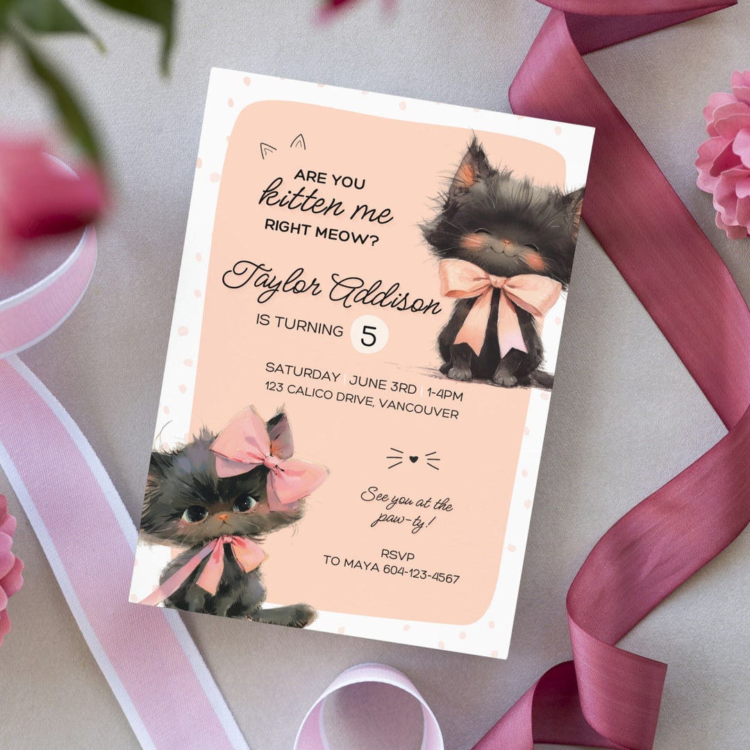 EDITABLE Cat Birthday Invitation, Paw-ty Cat Party Invitation, Fluffy ...