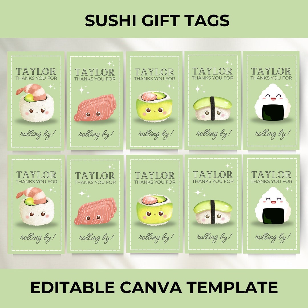 EDITABLE Sushi Thank You Tag Set, Sushi Party Favor, Wasabi, Mint ...