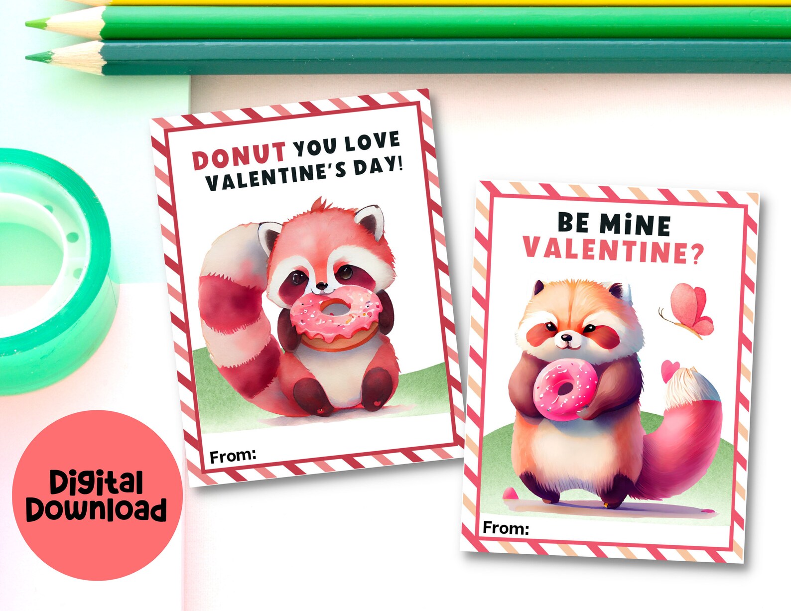 Red Panda Valentine Printable / Panda Valentine Cards / Donut ...