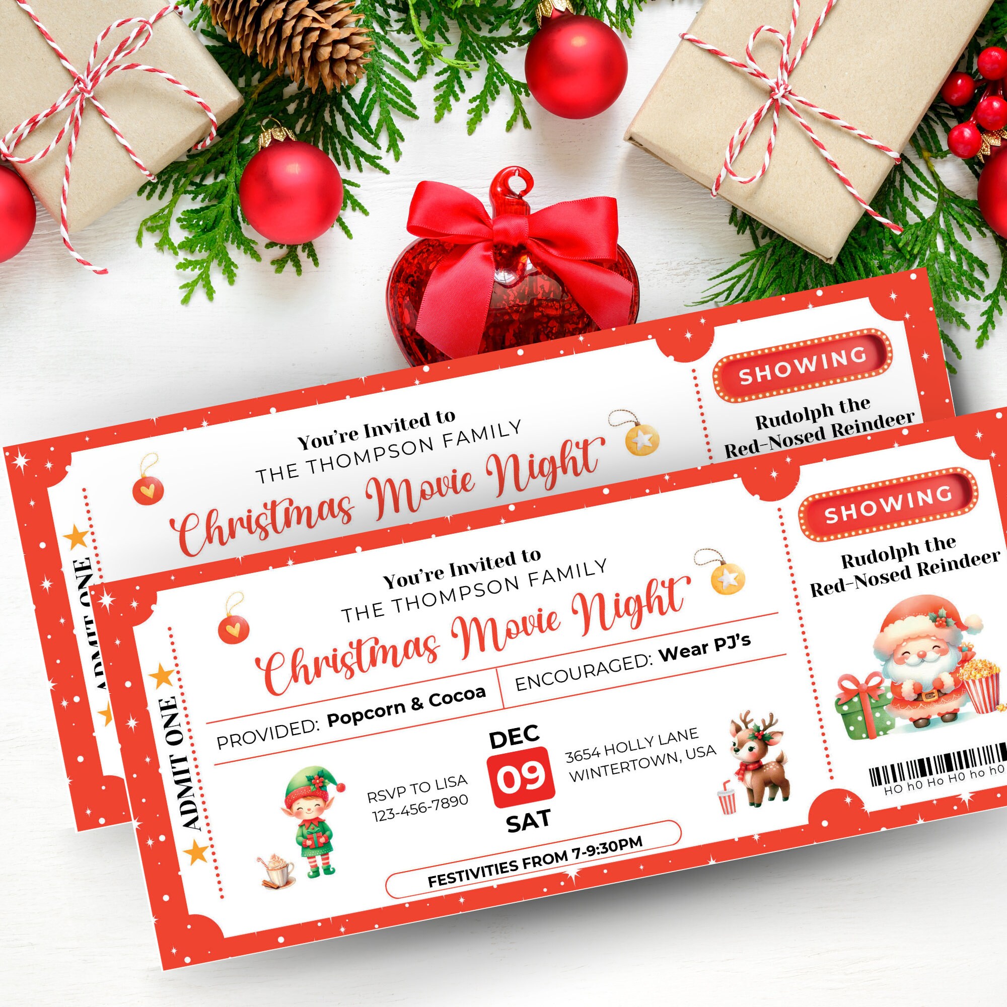 EDITABLE Christmas Movie Night Invitation Ticket, Xmas Movie Night ...