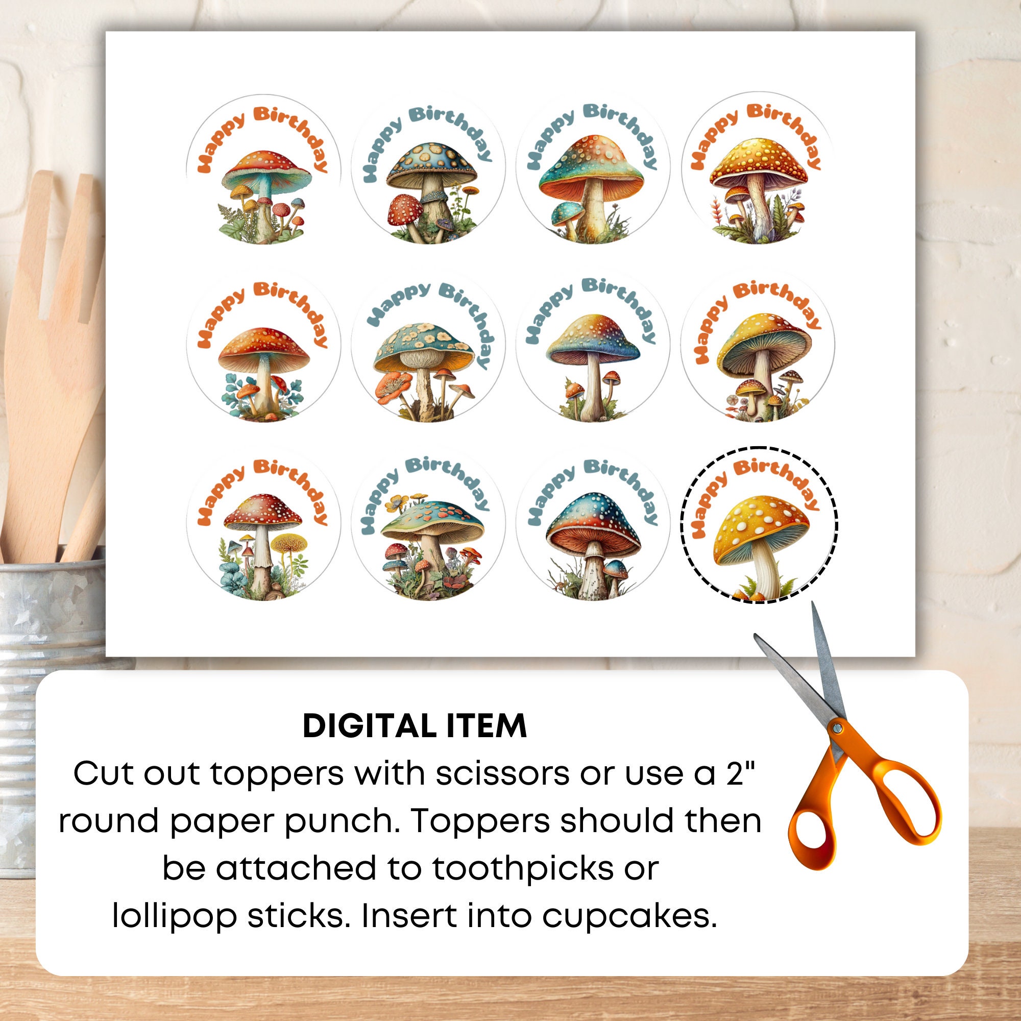 Mushroom Cupcake Toppers, Cute Toadstool Happy Birthday, Watercolor ...