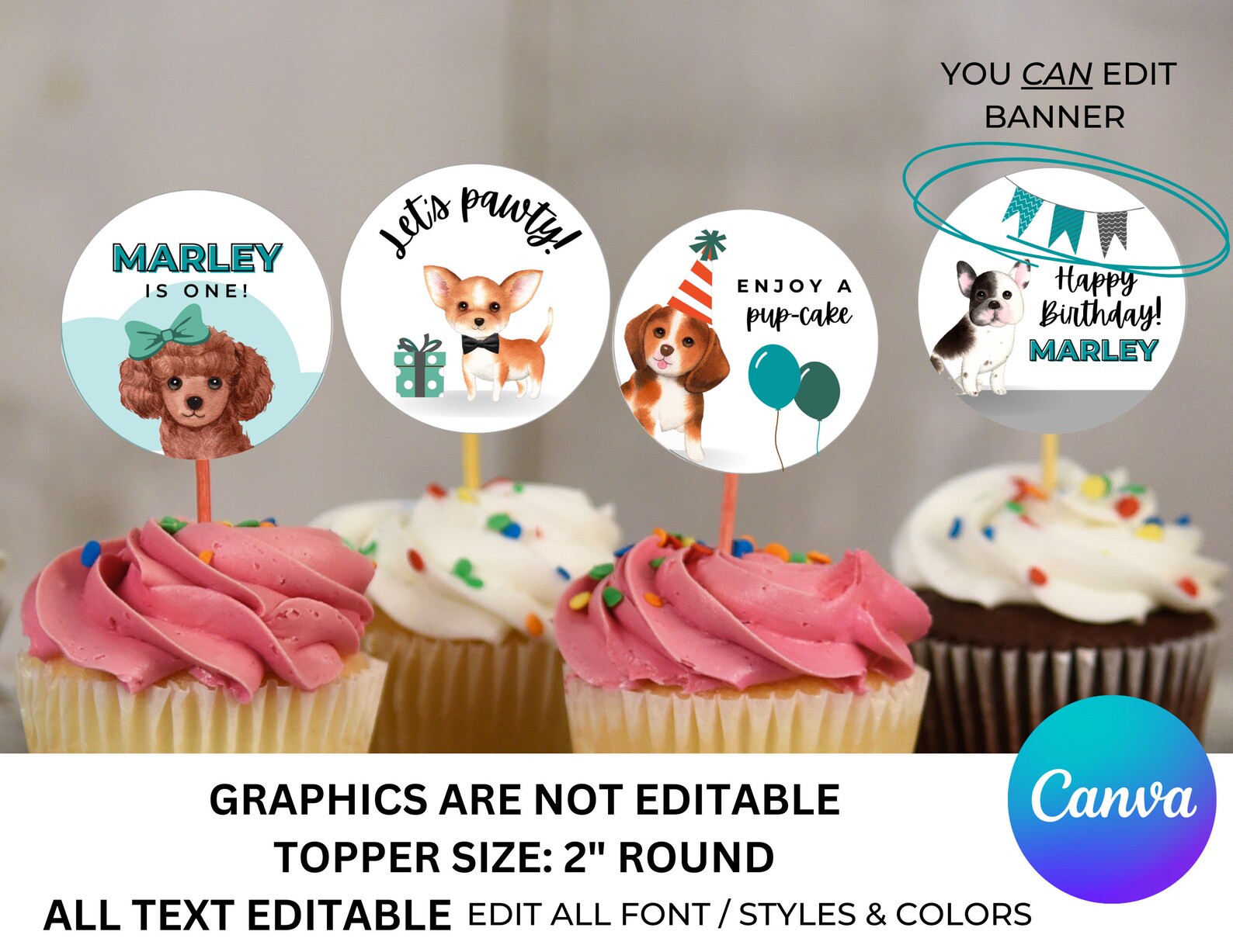 Dog Cupcake Toppers, Editable Toppers, Puppy Birthday, Dog Theme ...
