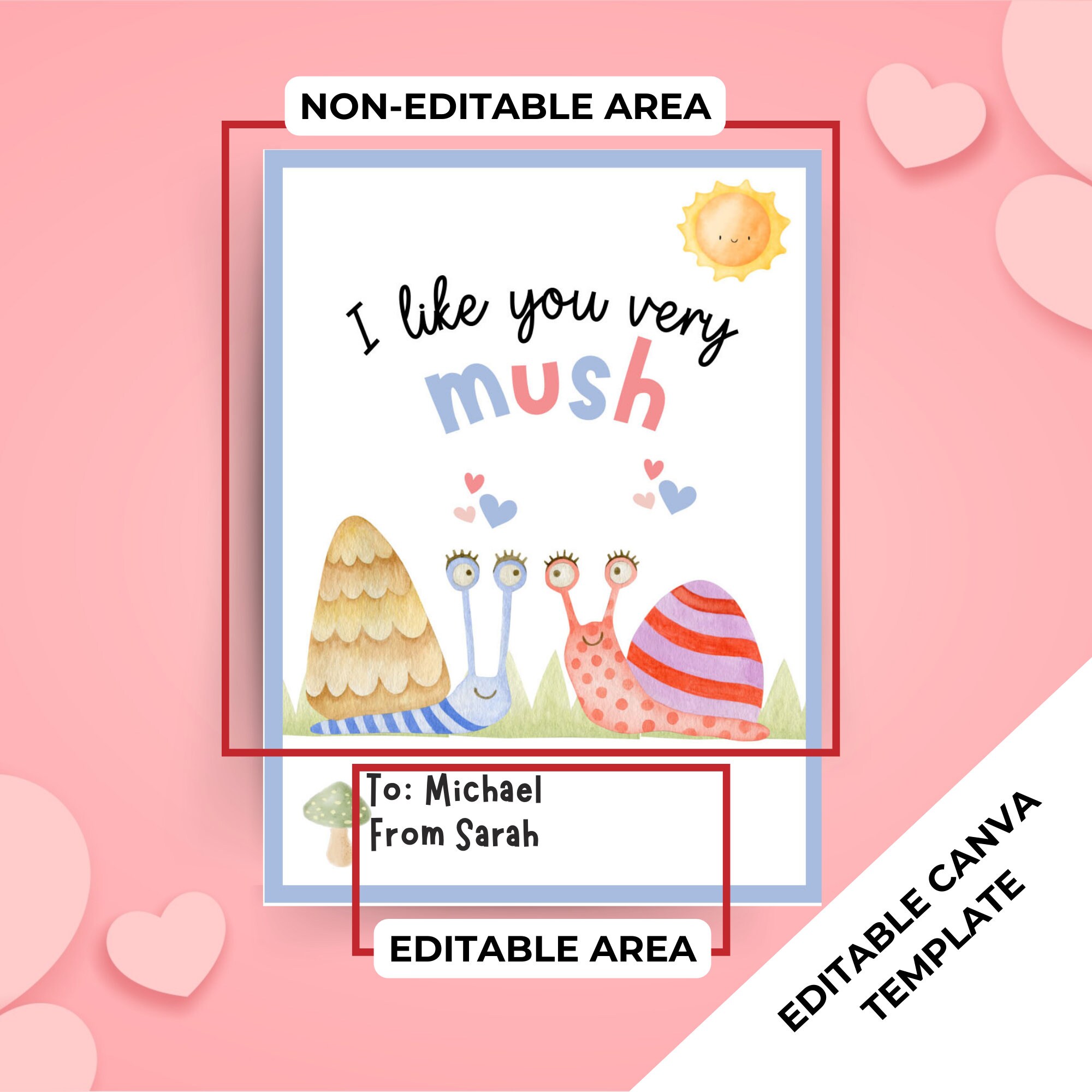 EDITABLE Snail Valentine Card, Mushroom Valentines, Printable Kids ...
