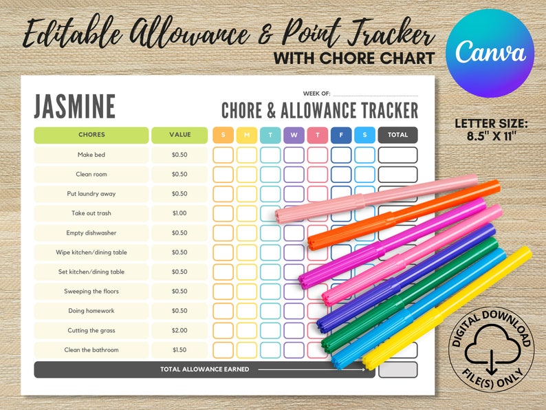 Editable Allowance & Point Tracker With Chore Tracker for Kids ...