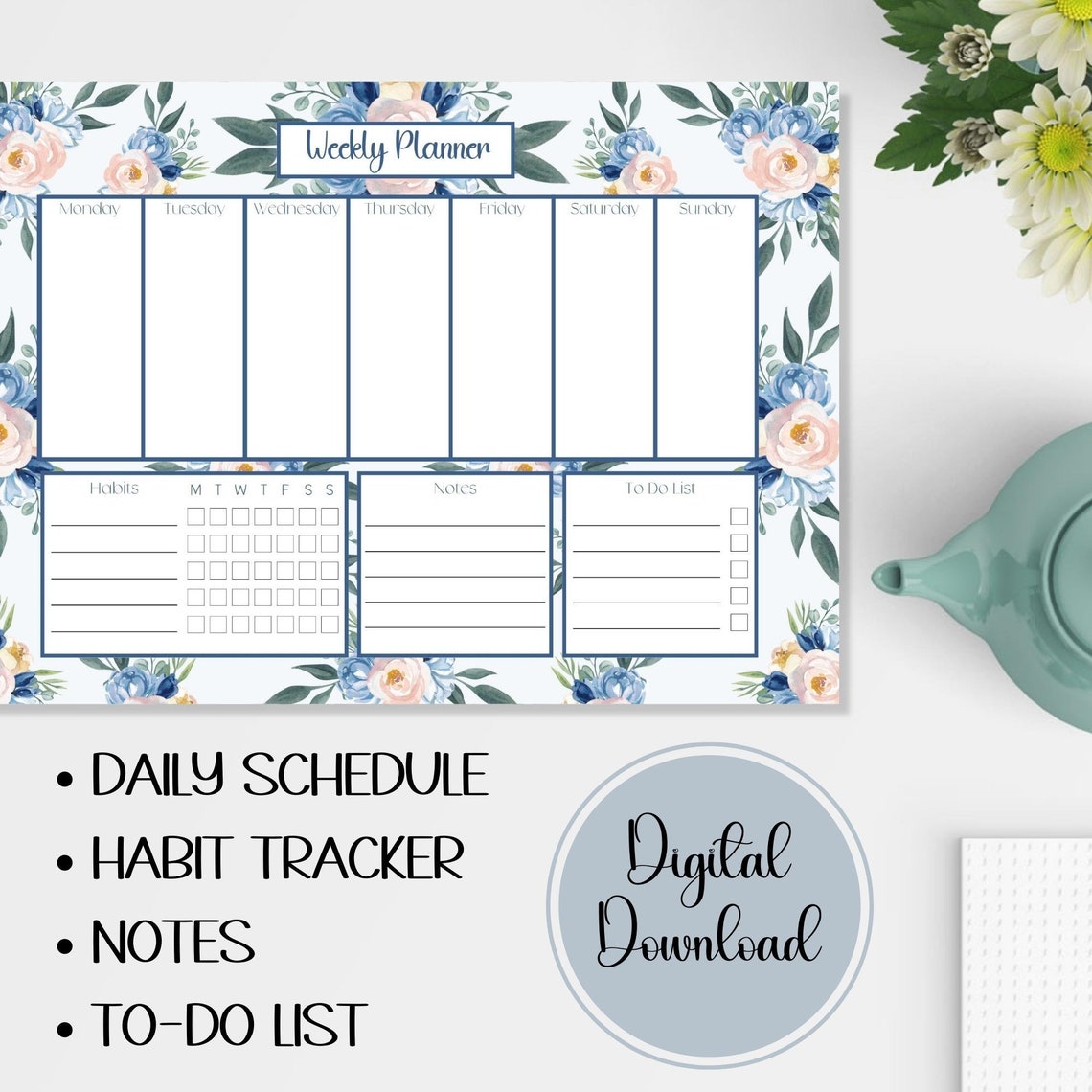 Weekly Planner Printable, Peony Weekly Planner, Desk Weekly Planner ...
