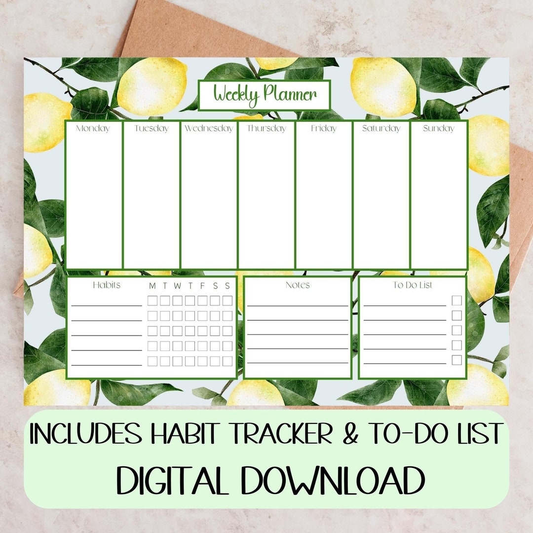 Weekly Planner Printable, Lemon Weekly Planner, Desk Weekly Planner ...