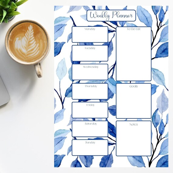 Weekly Planner Printable Blue Leaves Weekly Planner Desk - Etsy