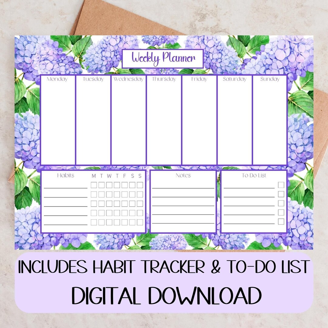 Weekly Planner Printable, Hydrangea Weekly Planner, Desk Weekly Planner ...