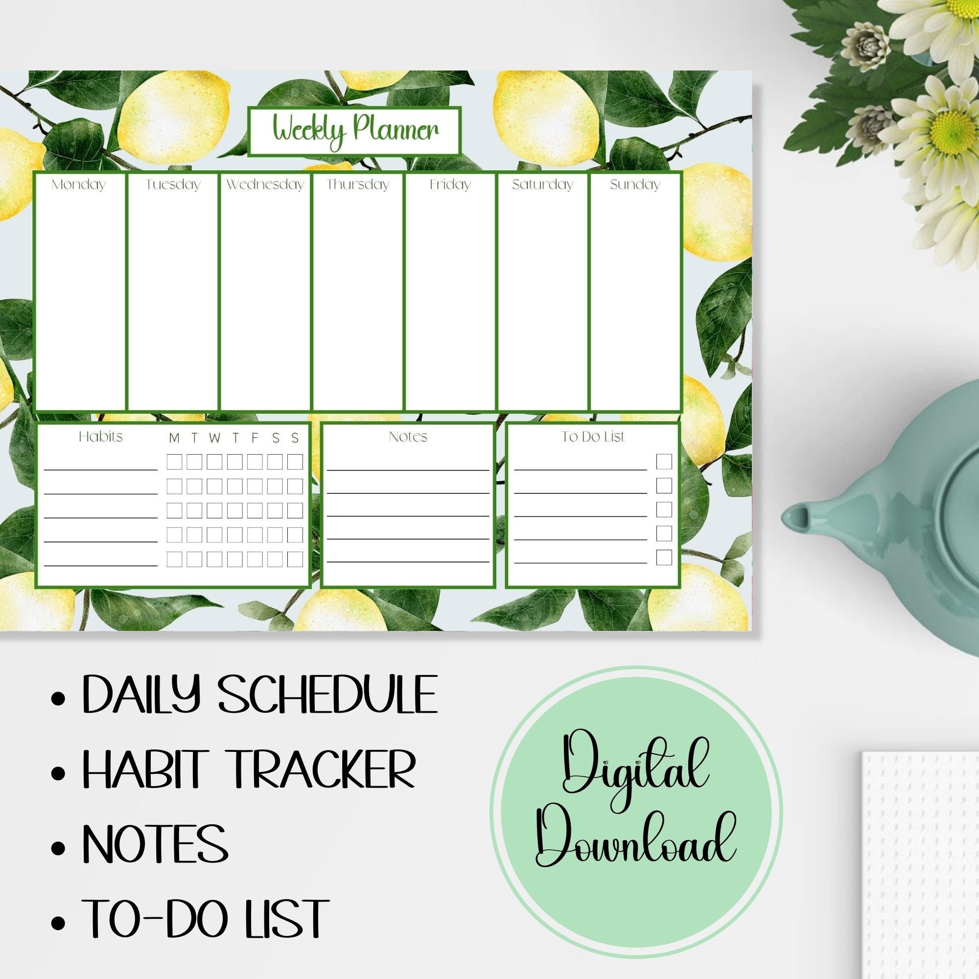Weekly Planner Printable, Lemon Weekly Planner, Desk Weekly Planner ...