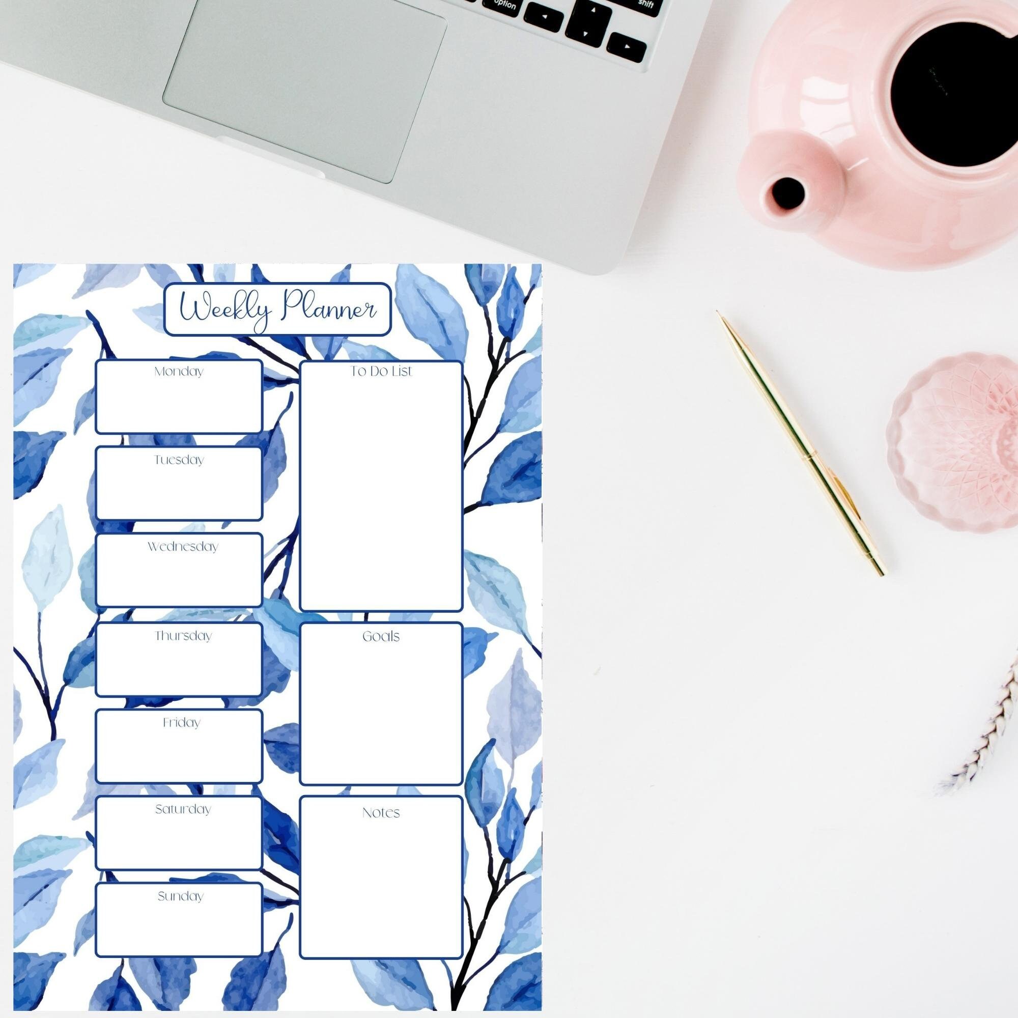 Weekly Planner Printable, Blue Leaves, Weekly Planner, Desk Weekly ...