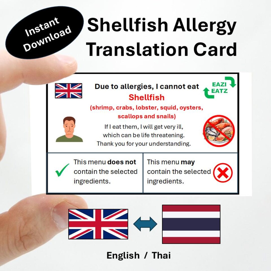 Shellfish Allergy Card (thai/english) With Response Options – for ...