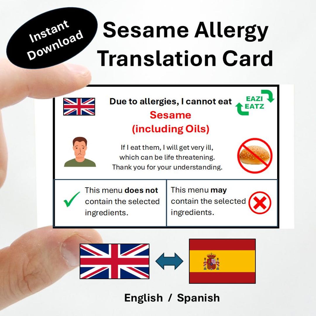 Sesame Allergy Card (spanish/english) With Response Options – for ...