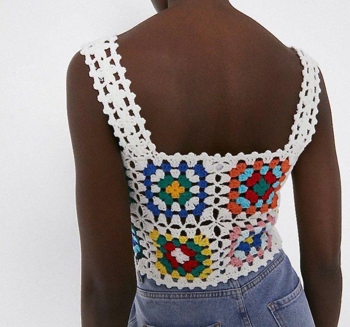 Handmade Crochet Granny Square Crop Top, Colorful Cotton Blouse - Etsy