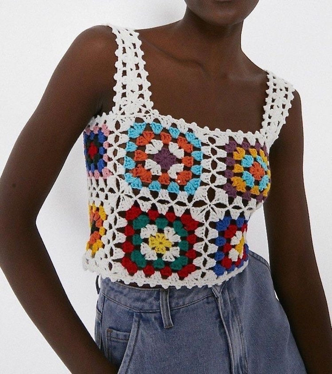 Handmade Crochet Granny Square Crop Top, Colorful Cotton Blouse - Etsy