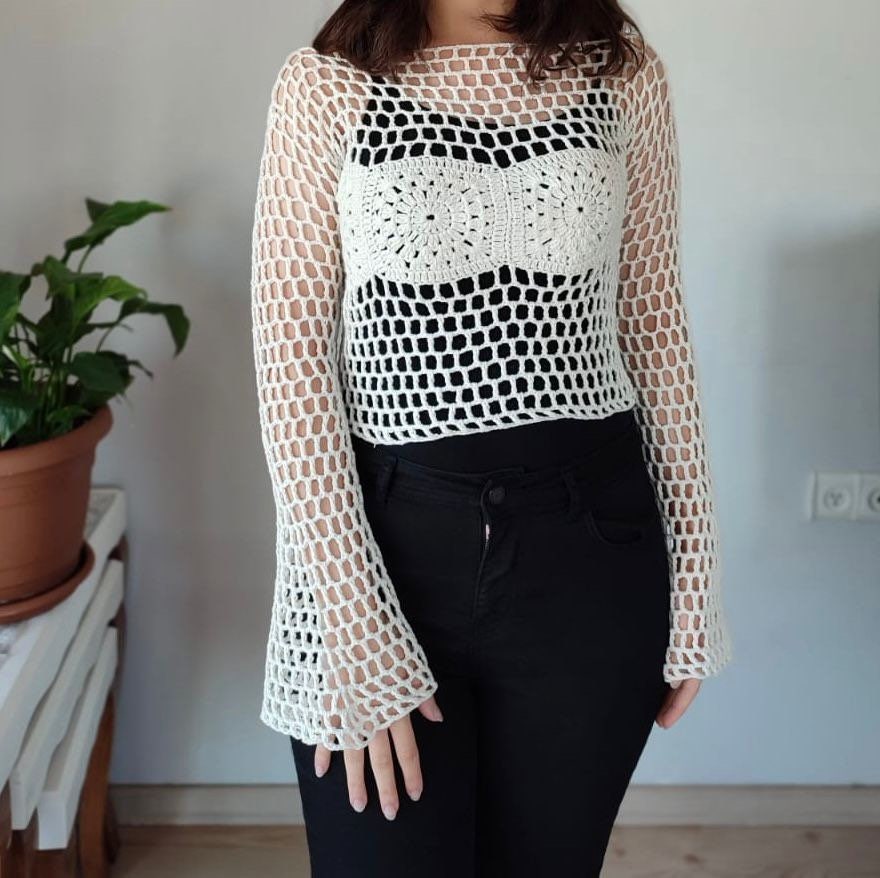 Crochet Long Sleeve Top Handmade Summer Top Crochet Vintage - Etsy