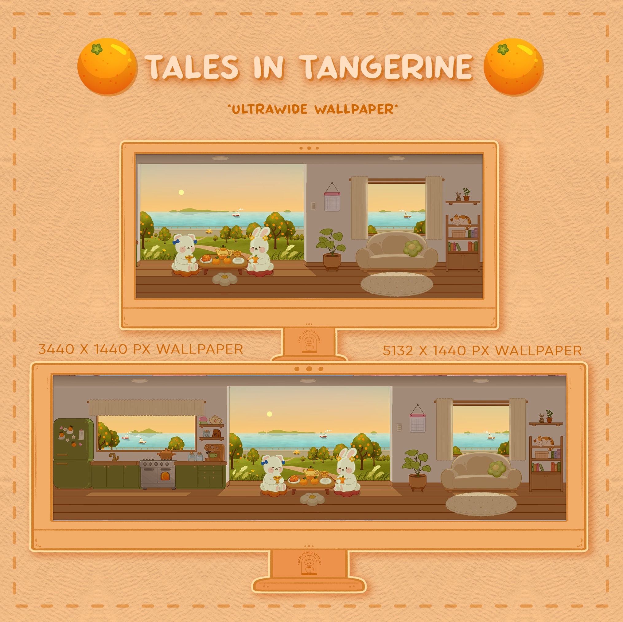 Tangerine Desktop Theme: Kawaii Icons & Ultrawide Wallpaper (digital ...