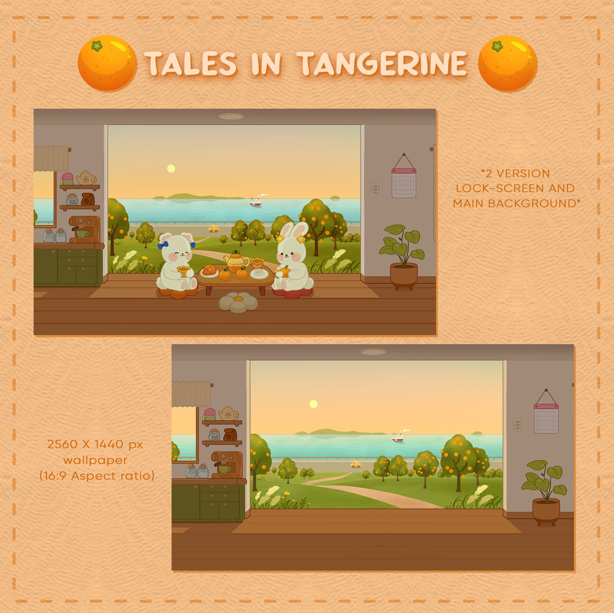 Tangerine Desktop Theme: Kawaii Icons & Ultrawide Wallpaper (digital ...