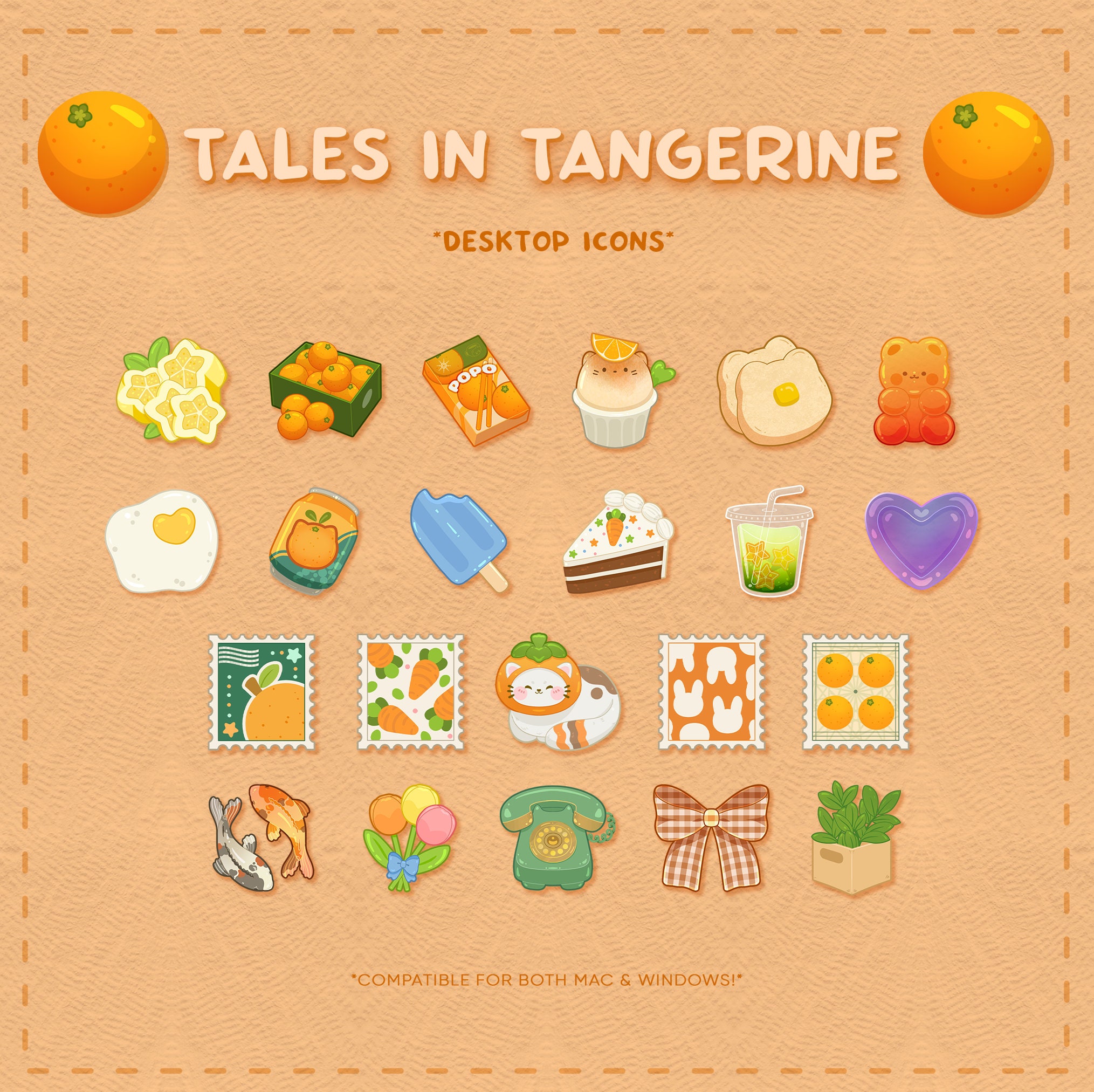 Tangerine Desktop Theme: Kawaii Icons & Ultrawide Wallpaper (digital ...